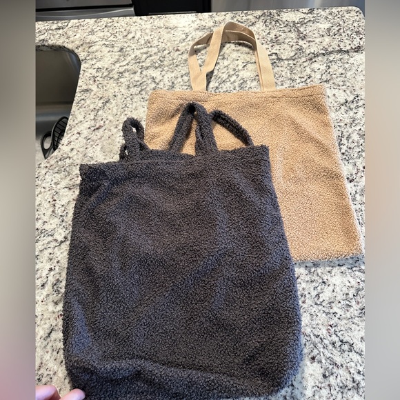 Bags | Set Of 2 Teddy Sherpa Shopping Totes Dark Grey Tan New With Tags ...